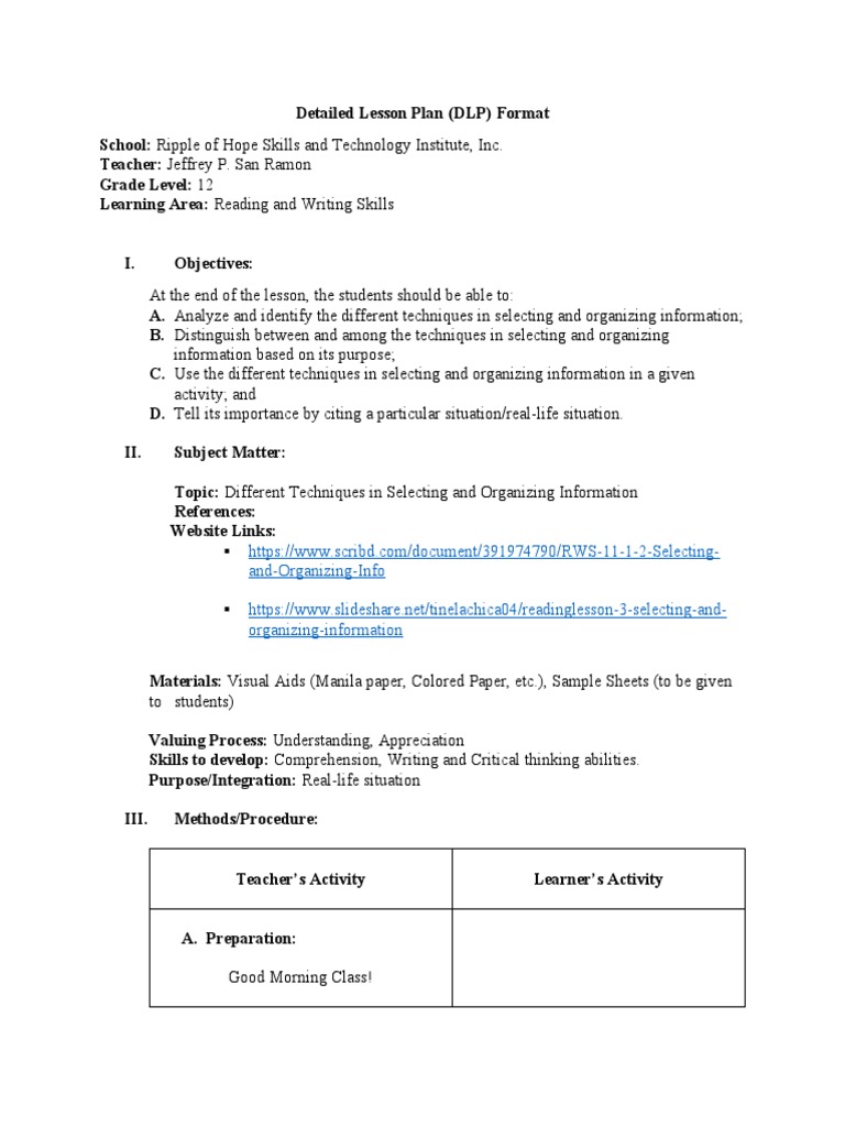 Detailed Lesson Plan (Grade 12) | PDF | Lesson Plan | Reading Comprehension