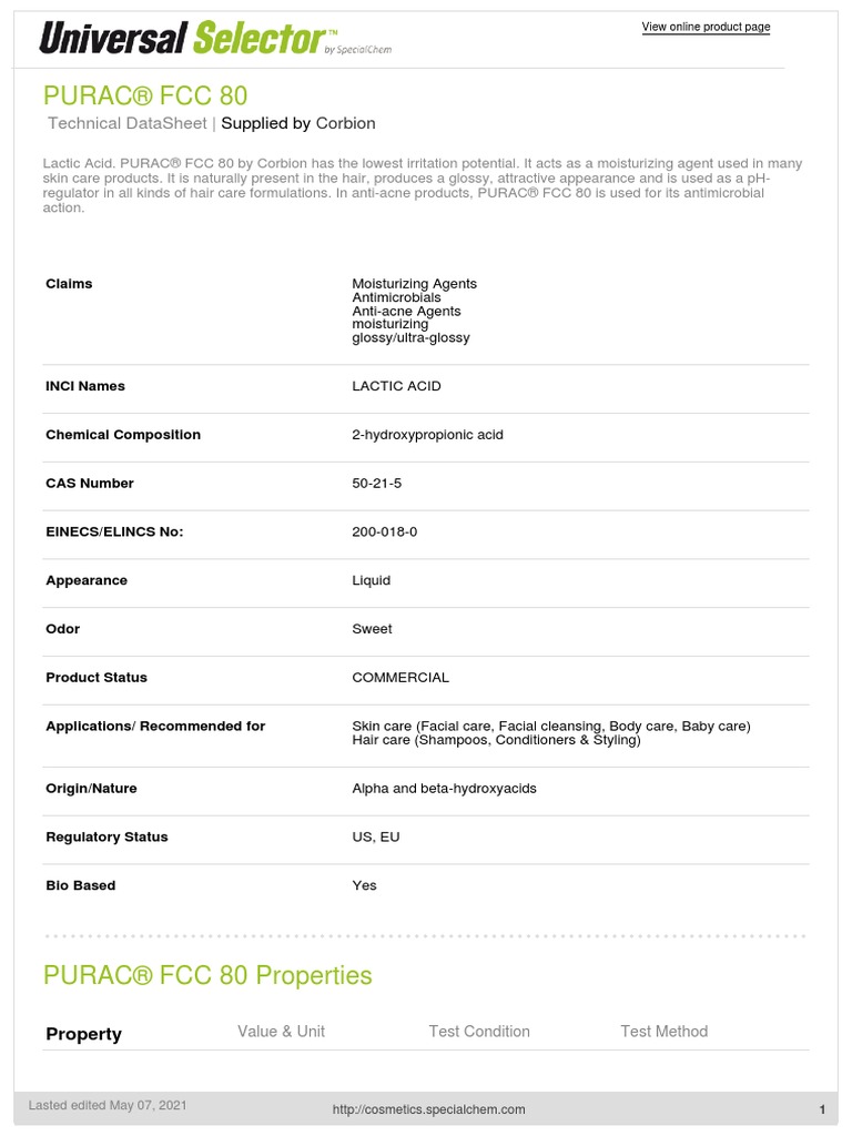 PURAC® FCC 80 - Corbion | PDF | Hair Care | Cosmetics