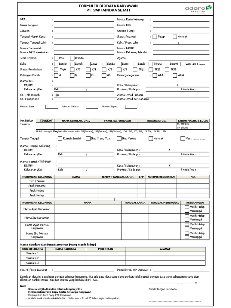 Form BIODATA NEW EMPLOYEE | PDF