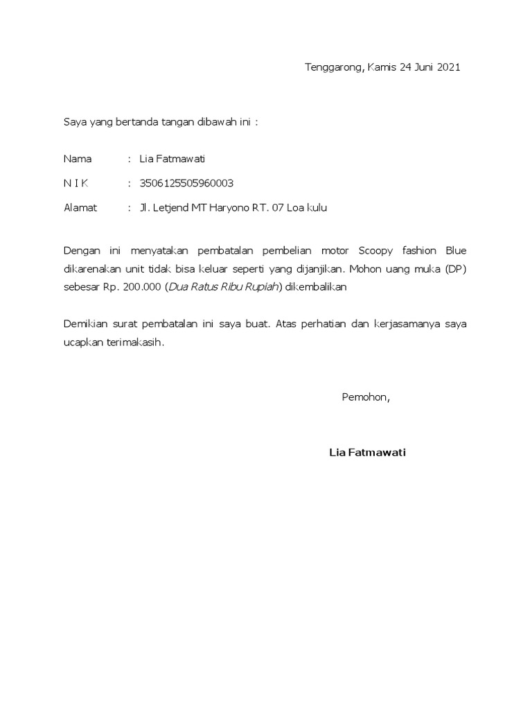 Contoh Surat Pembatalan Pesanan