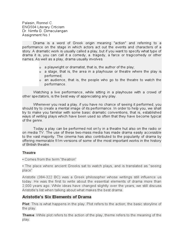 Aristotle's Six Elements of Drama: Theatre | PDF | Play (Theatre ...