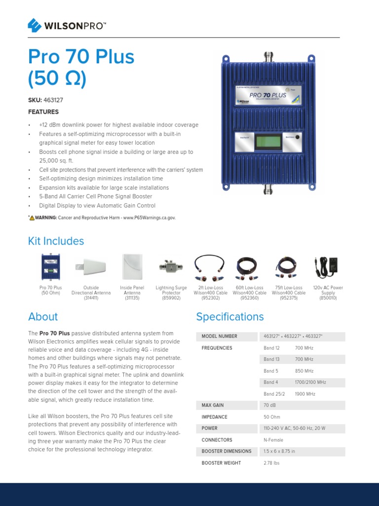 Pro 70 Plus 50 Ohm 463127 Spec Sheet | PDF | Bandwidth (Signal ...