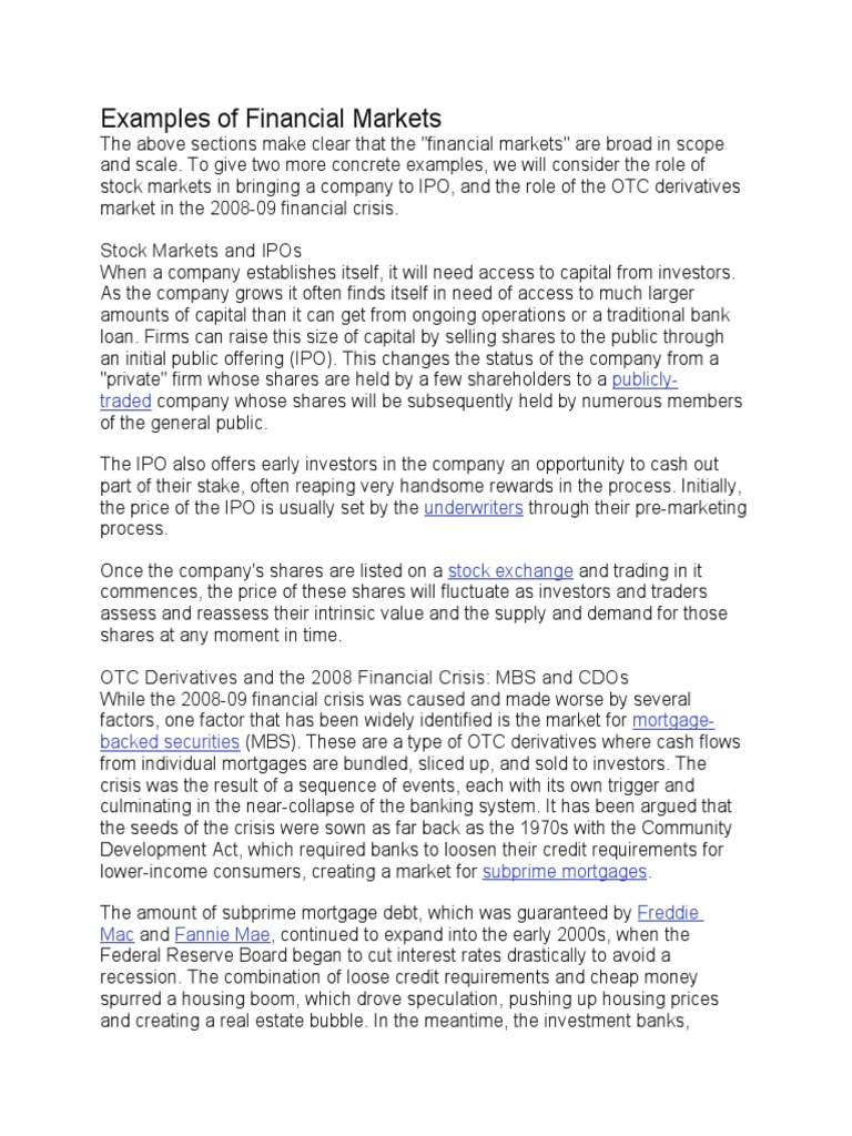 Examples of Financial Markets | PDF | Subprime Lending | Collateralized ...