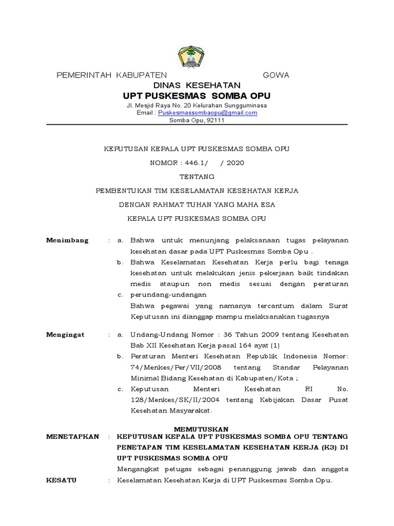 Pembentukan Tim K3 Puskesmas Somba Opu | PDF | Kesehatan Holistik