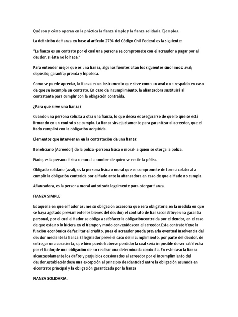 Fianza Simple y La Fianza Solidaria | PDF | Póliza de seguros | Derecho ...