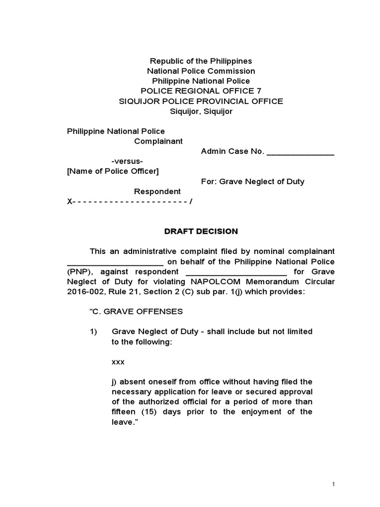 Administrative Decision on the Case of Grave Neglect of Duty Against ...