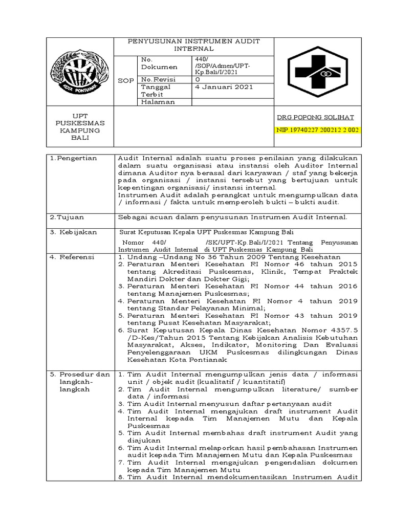 Sop Penyusunan Instrumen Audit Internal | PDF