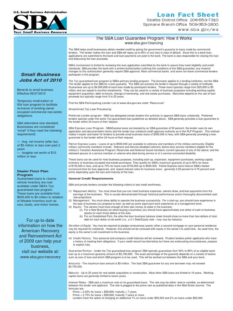 Loan Fact Sheet: WWW - Sba.gov/wa The SBA Loan Guarantee Program: How ...