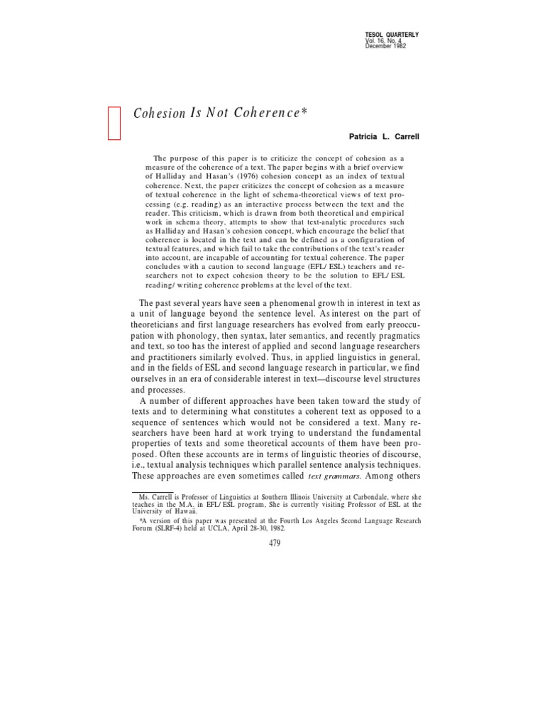 Cohesion Is Not Coherence : Patricia L. Carrell | PDF | Reading ...