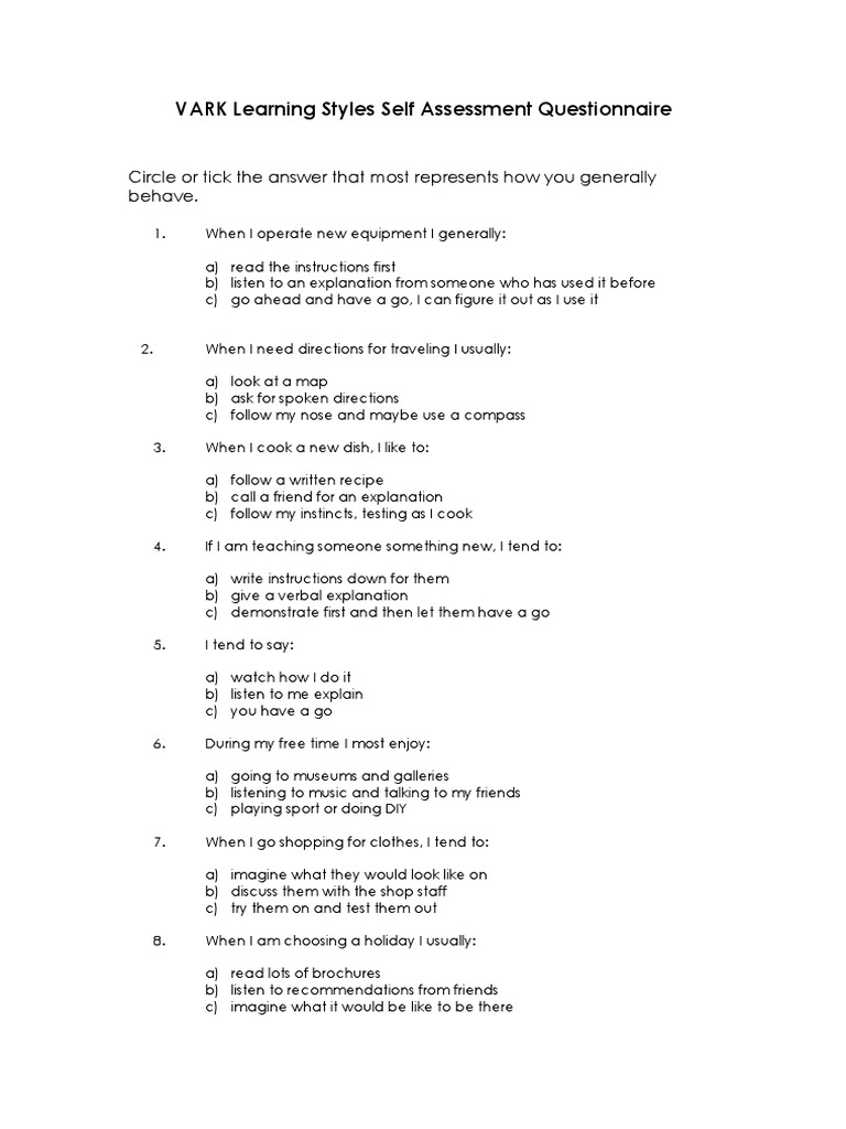 VARK Learning Styles Self Assessment Questionnaire | PDF | Learning ...