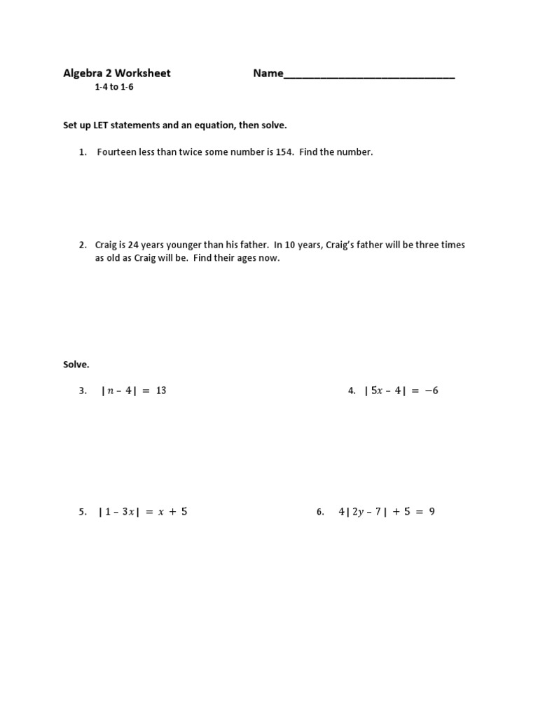 Algebra 2 Worksheet Name - : Set Up LET Statements and An Equation ...