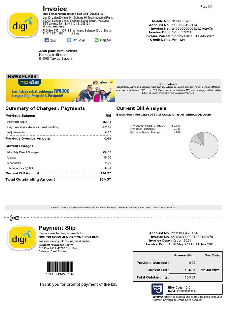 Digi telco invoice breakdown | PDF | Cheque | Payments