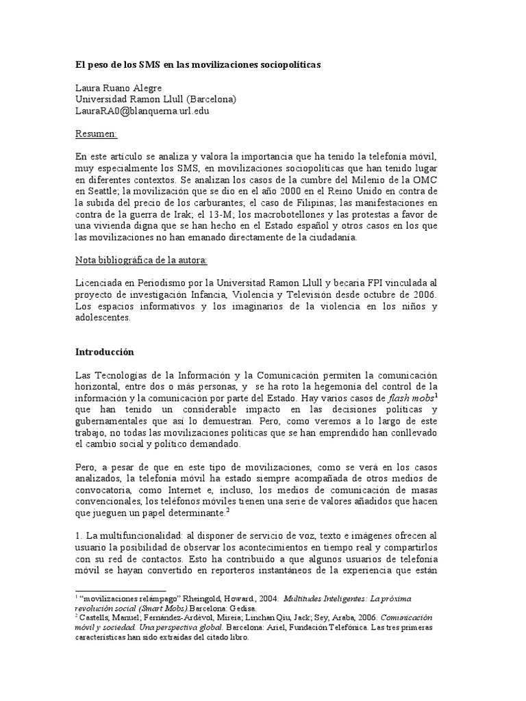 El Peso de Los SMS en Las Movilizaciones Sociopolíticas. Laura Ruano ...