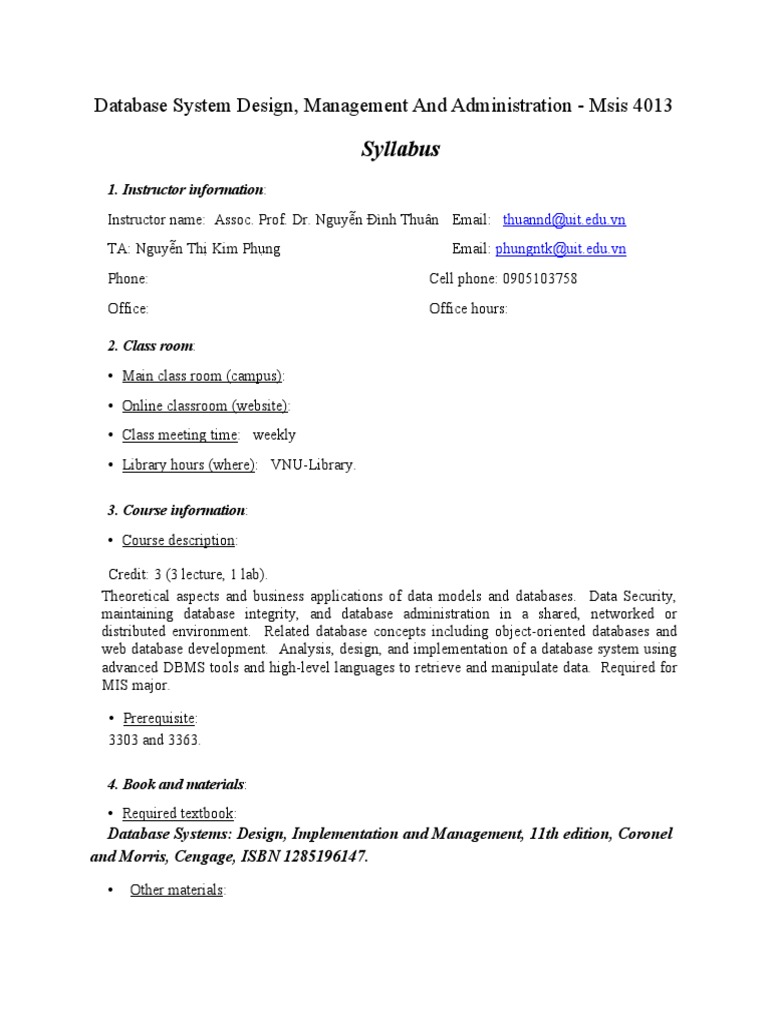 Syllabus: Database System Design, Management and Administration - Msis ...