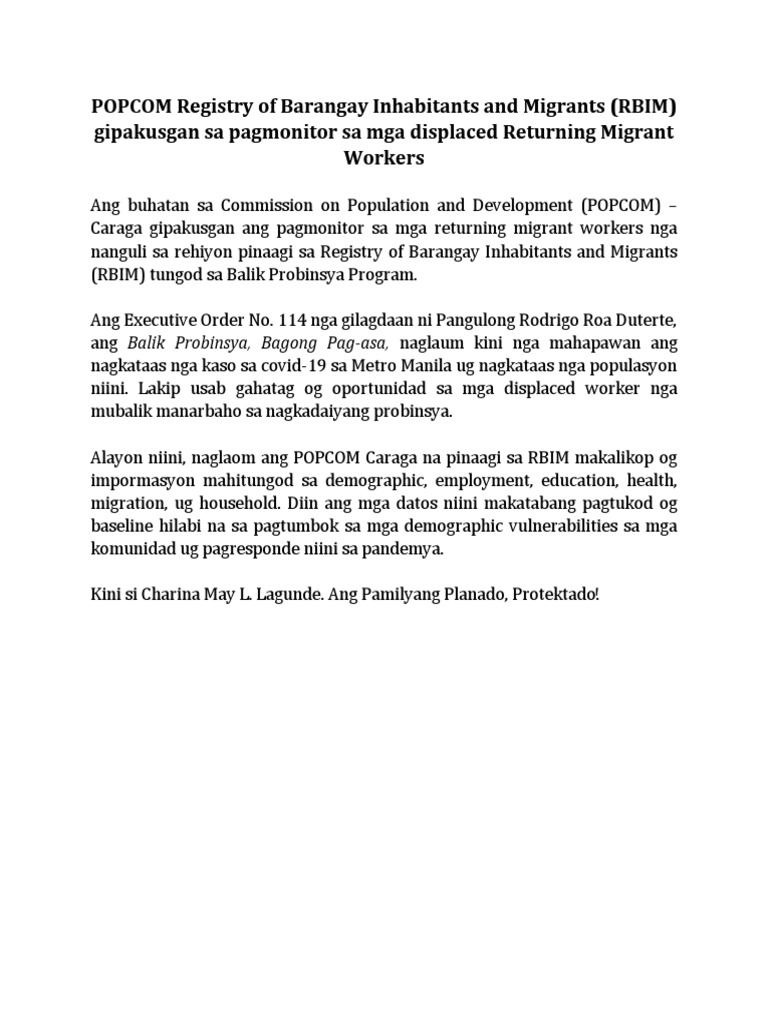 June 25 POPCOM Registry of Barangay Inhabitants and Migrants (RBIM ...