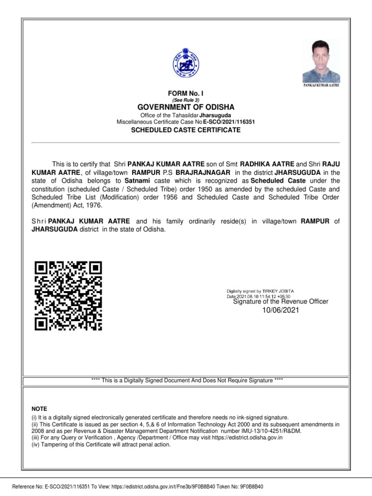 Schedule Caste. Certificate | PDF