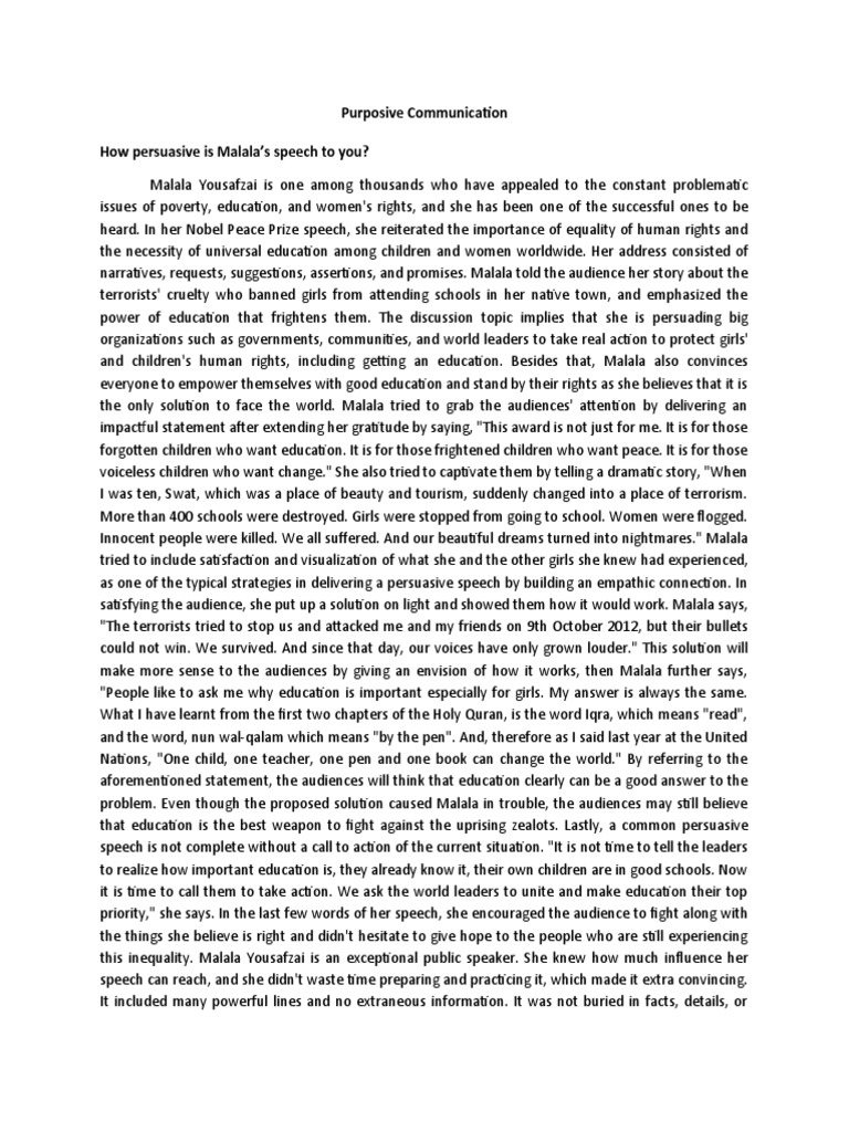 Purposive Communication How Persuasive Is Malala's Speech To You? | PDF ...