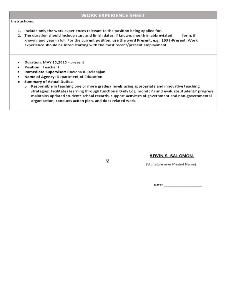 Work Experience Sheet: Instructions | PDF
