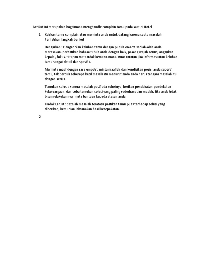 Berikut Ini Merupakan Bagaimana Menghandle Complain Tamu Pada Saat Di ...