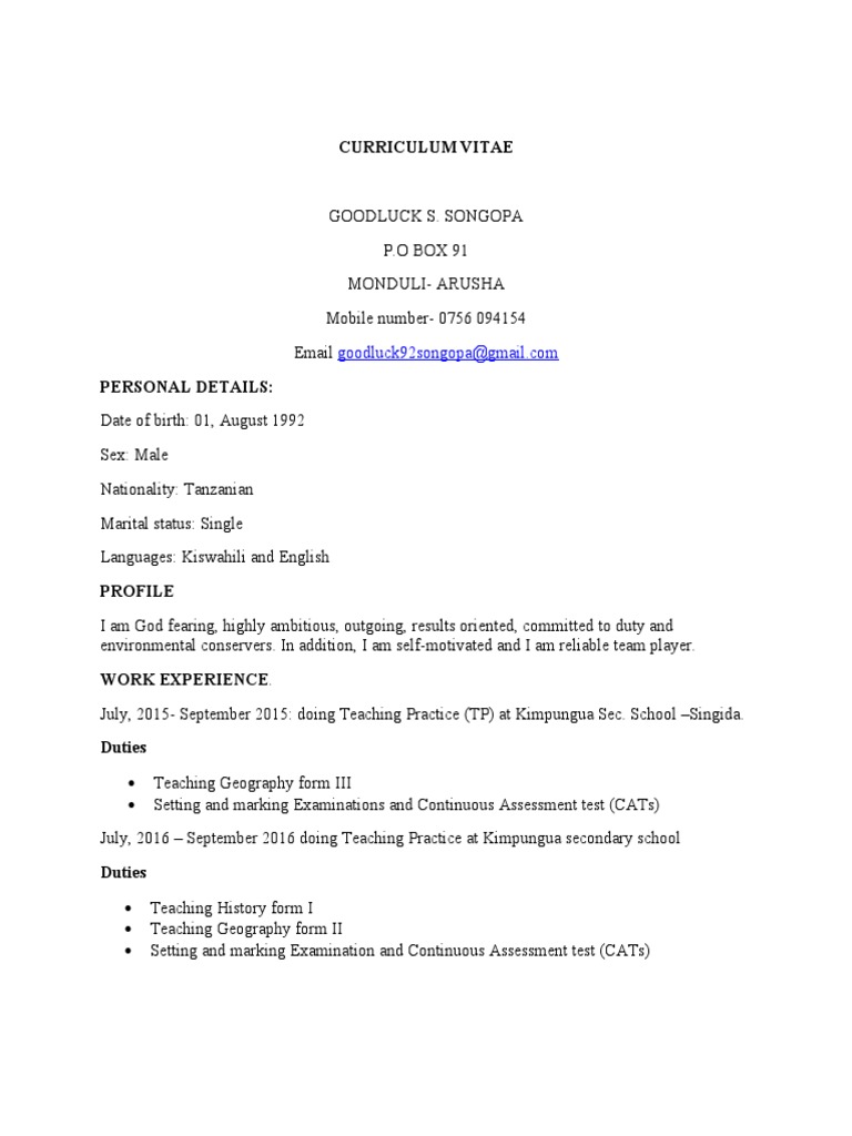 CV Tanzania Teacher Geography History | PDF | Human Nature | Further ...