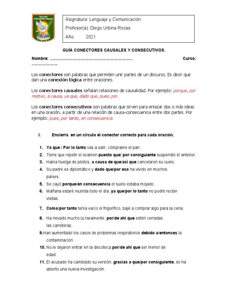 Guía Conectores Causales y Consecutivos | PDF