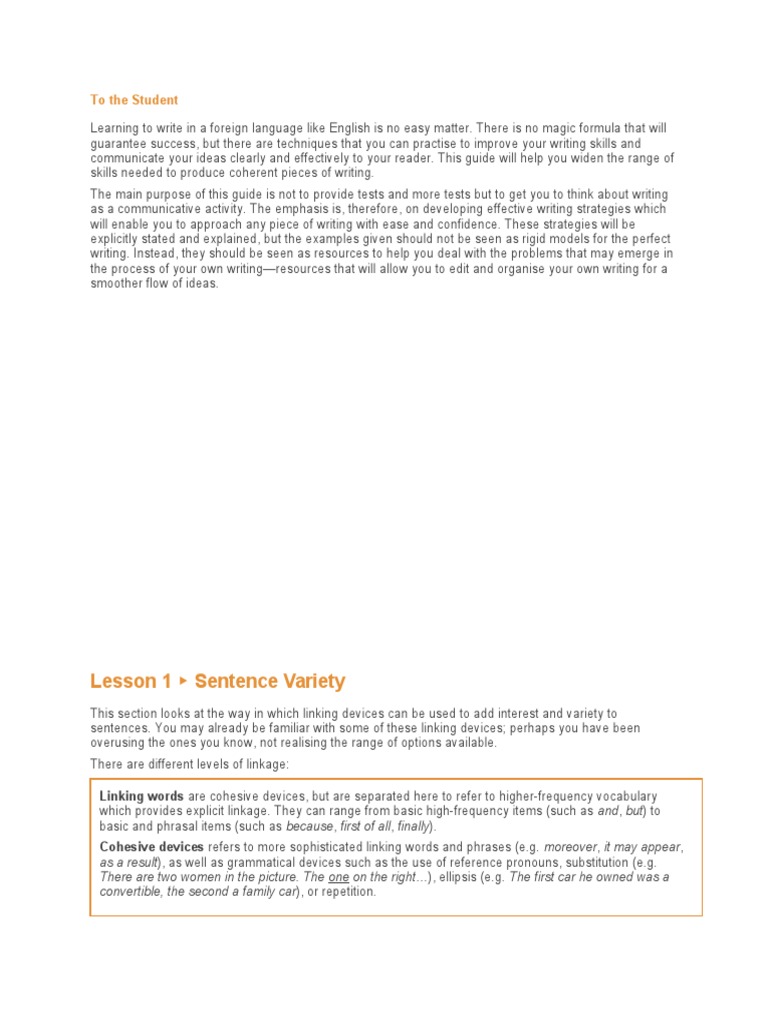 Lesson 1 Sentence Variety: To The Student | PDF | Language Mechanics ...