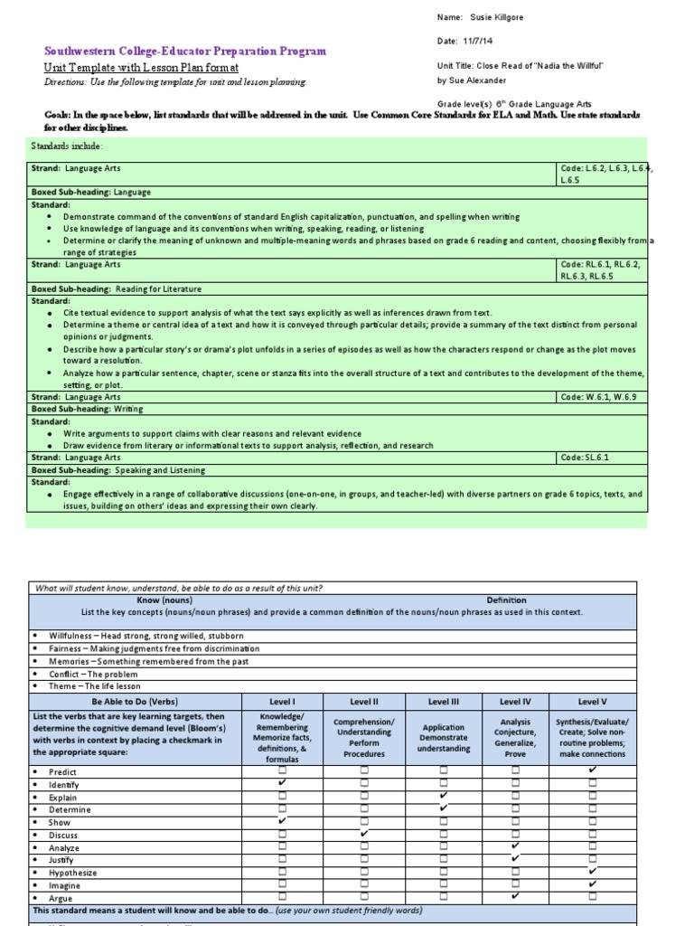 Unit Template With Lesson Plan Format: Southwestern College-Educator ...