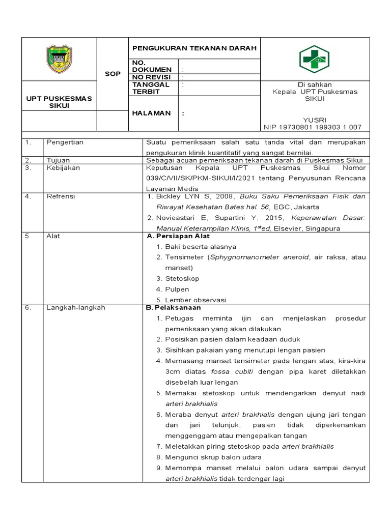 SOP Pengukuran Tekanan Darah | PDF
