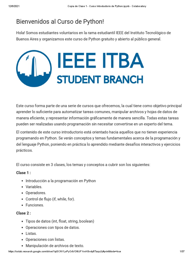 Clase 1 - Curso Introductorio de Python - Ipynb - Colaboratory | PDF | Python (lenguaje de ...