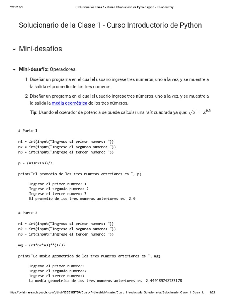 (Solucionario) Clase 1 - Curso Introductorio de Python - Ipynb - Colaboratory | PDF | Python ...