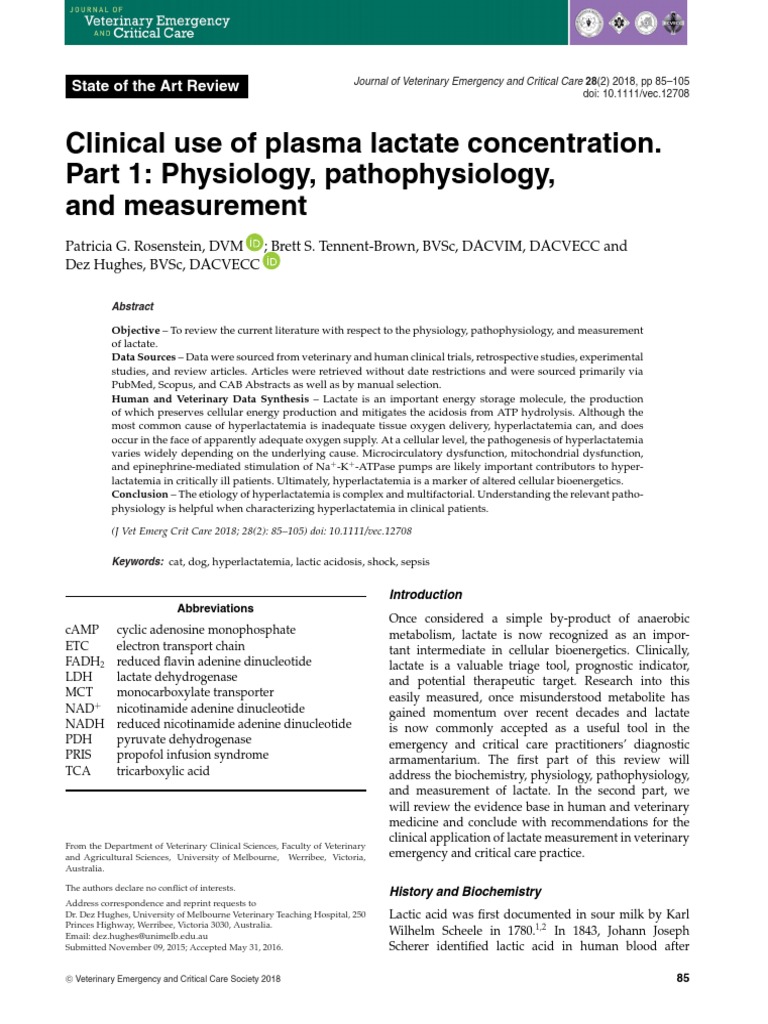 Clinical Use of Plasma Lactate Concentration. Part 1: Physiology ...