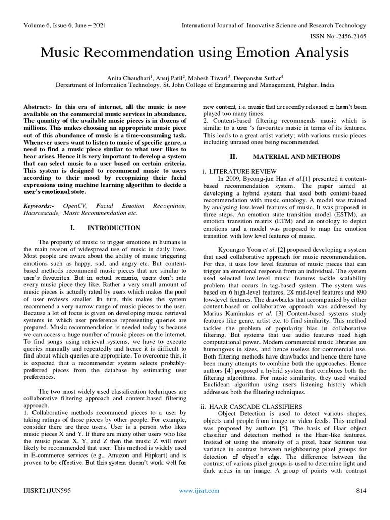 Music Recommendation Using Emotion Analysis | PDF | Computing ...