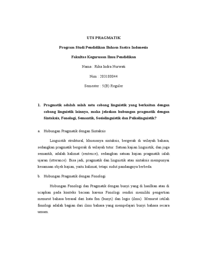 UTS PRAGMATIK-Rika Indra Nurwati-203180044-5 (B) | PDF