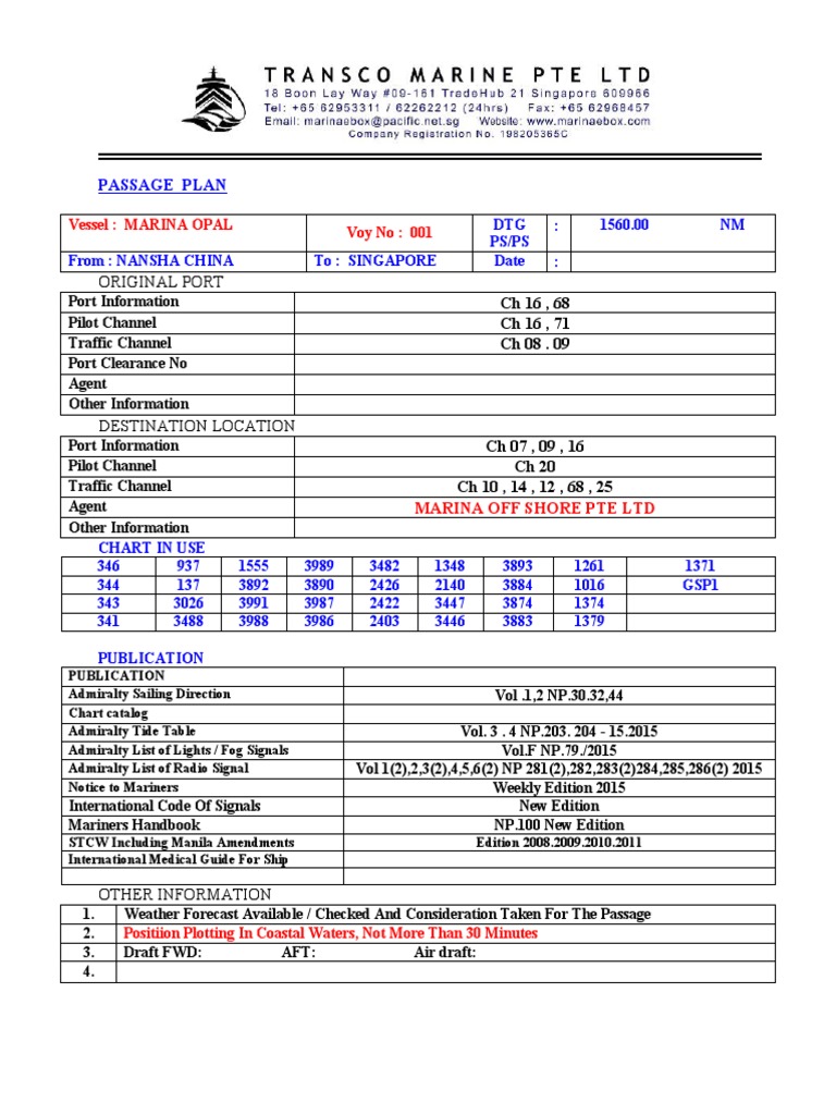Passage Plan Nansha To Singapore | PDF | Ships | Shipping