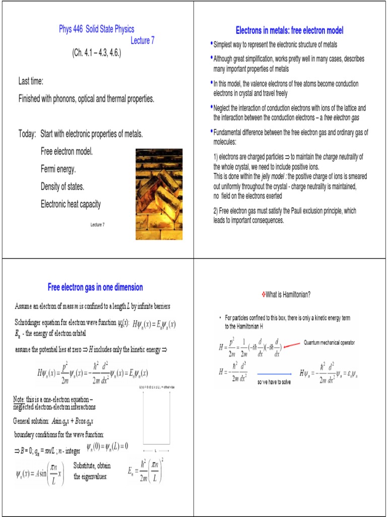 Phys 446 Solid State Physics: Electrons in Metals: Free Electron Model | PDF | Electrical ...
