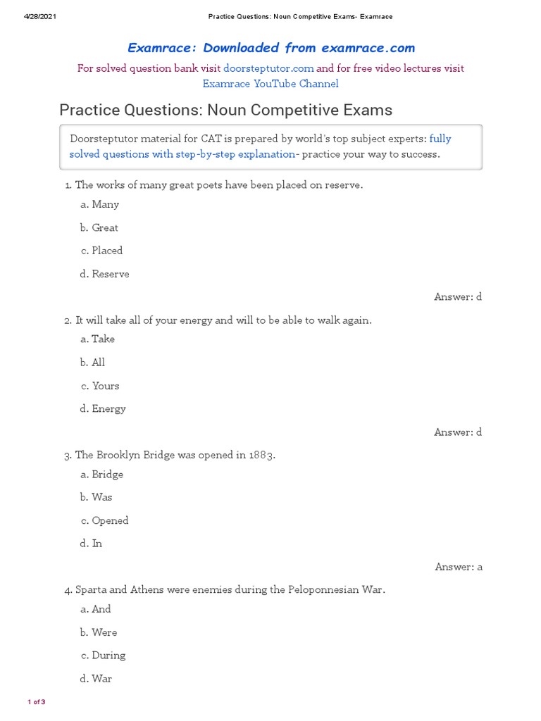 Practice Questions: Noun Competitive Exams: For Solved Question Bank ...