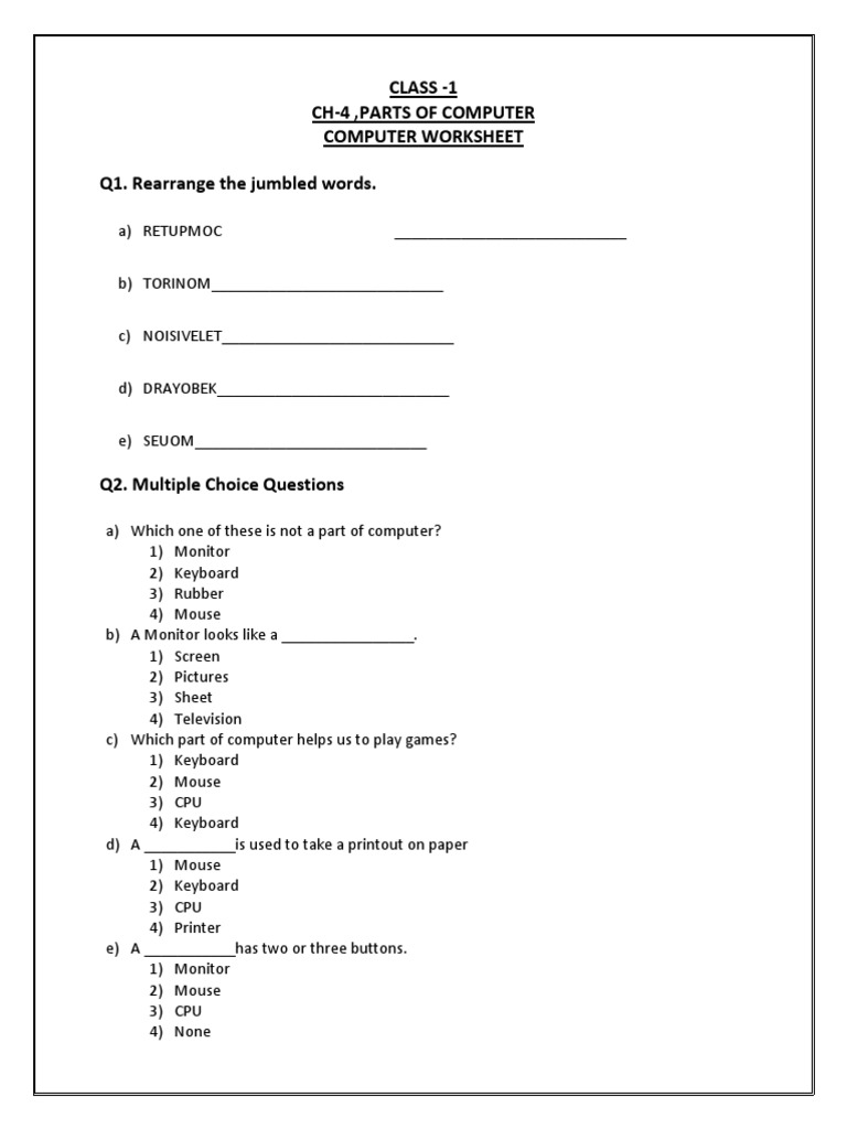 CBSE Class 1 Computer Science Worksheet - Parts of A Computer | PDF