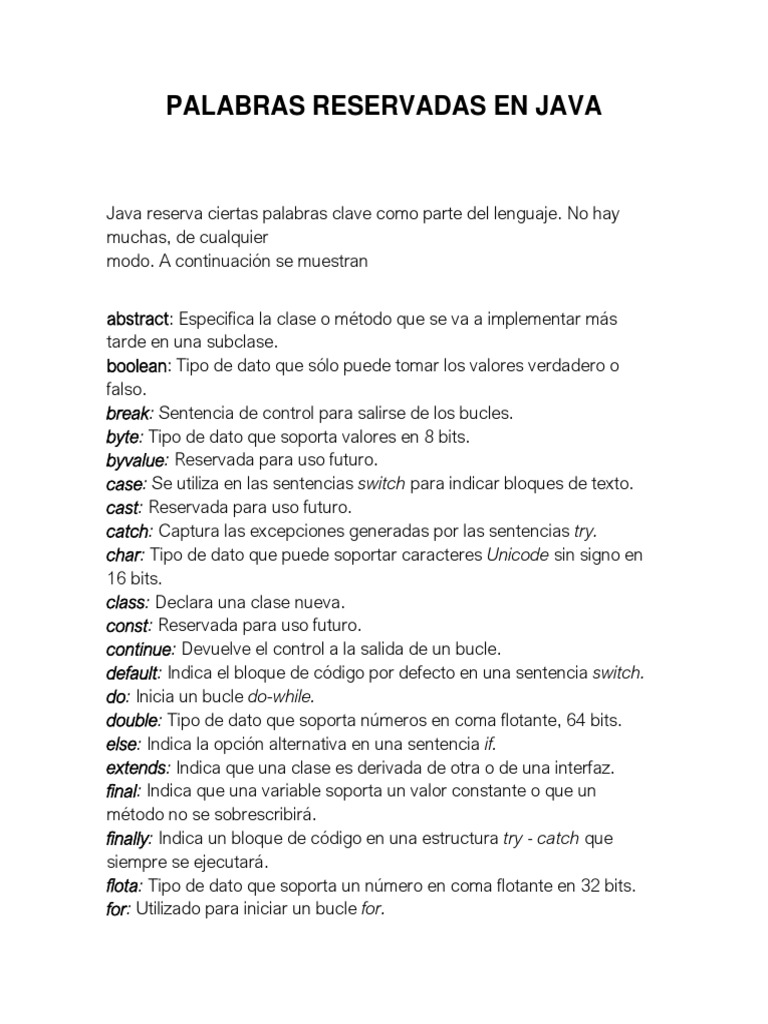 Palabras Clave en Java: Guía Completa | PDF | Java (lenguaje de programación) | Tipo de datos
