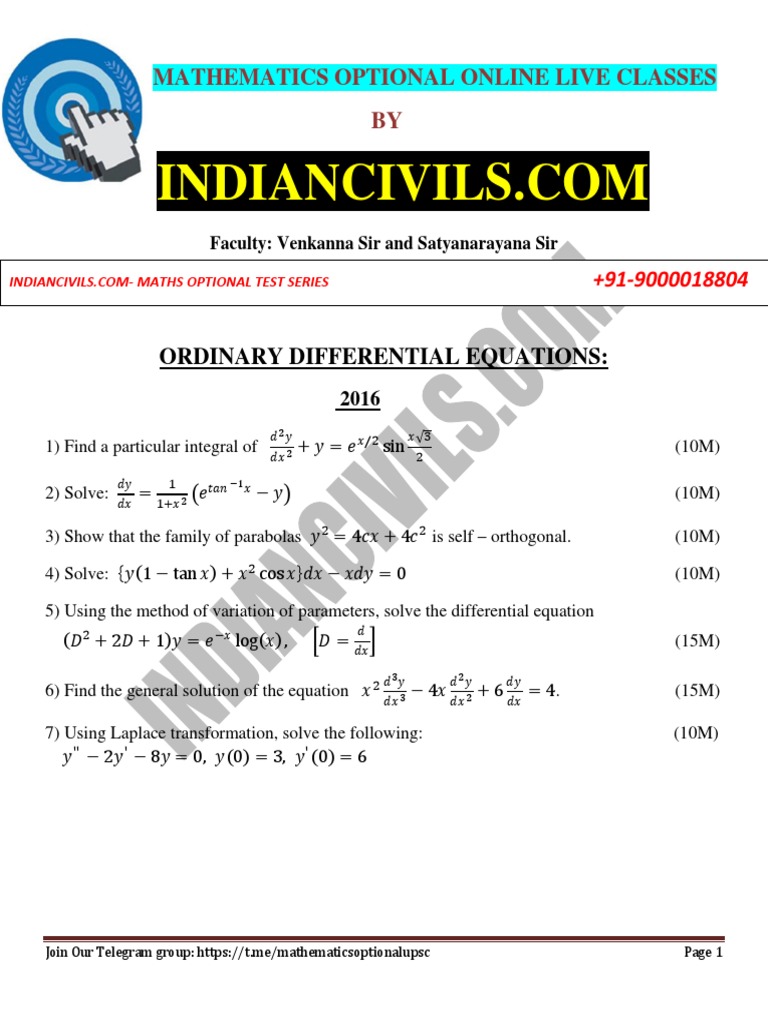 ODE Mathematics Optional Previous Years | PDF | Equations | Ordinary Differential Equation