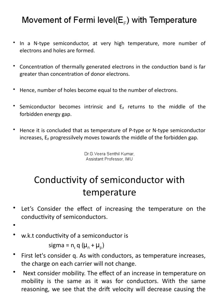 Movement of Fermi Level (E) With Temperature: Dr.G.Veera Senthil Kumar ...