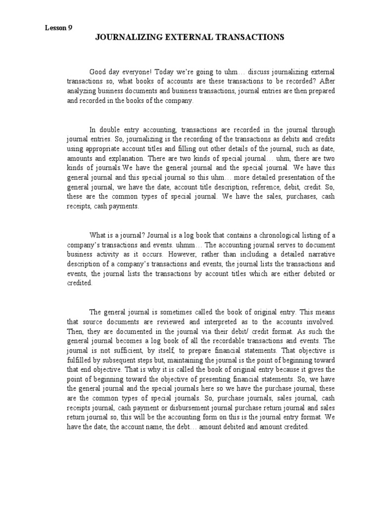 Lesson 9 - JOURNALIZING EXTERNAL TRANSACTIONS | PDF | Financial ...