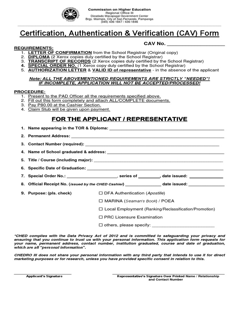 Certification, Authentication & Verification (CAV) Form: For The Applicant / Representative ...