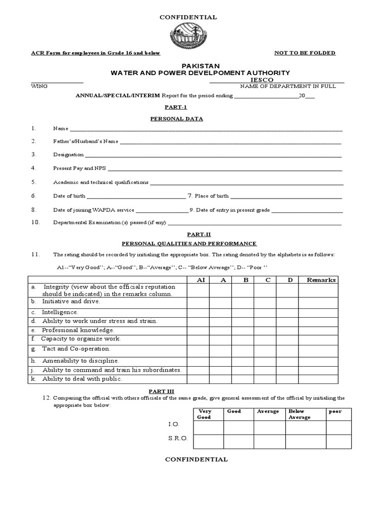 Confidential: ACR Form For Employees in Grade 16 and Below Not To Be ...