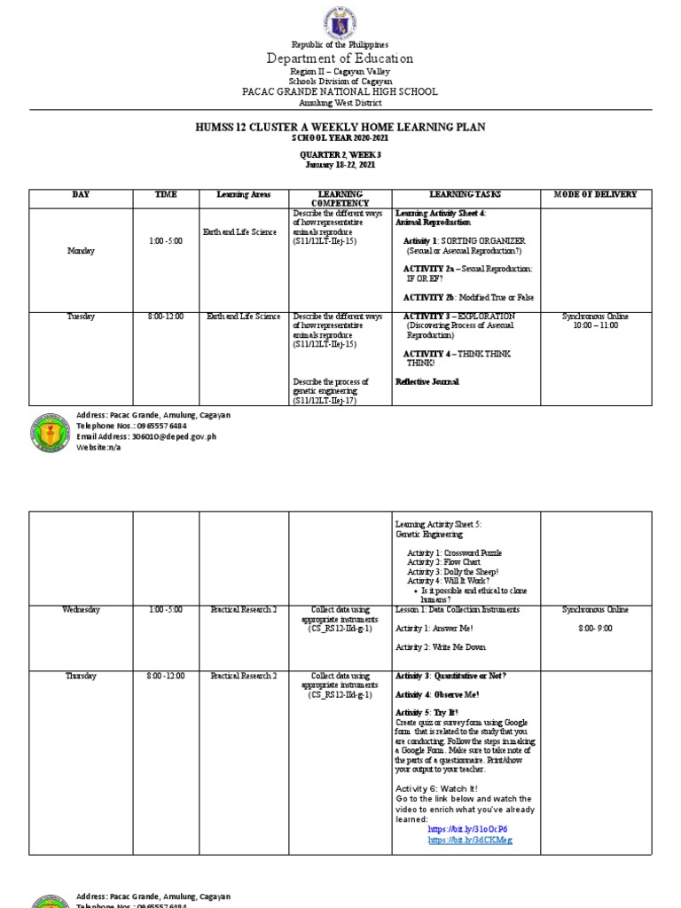 WEEKLY HOME LEARNING PLAN Week 3 | PDF | Reproduction | Biology