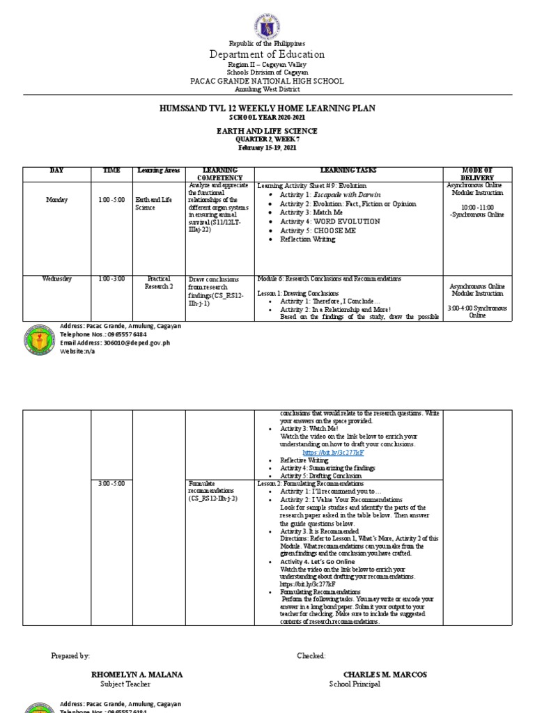 WEEKLY HOME LEARNING PLAN Week 7 | PDF | Learning | Communication