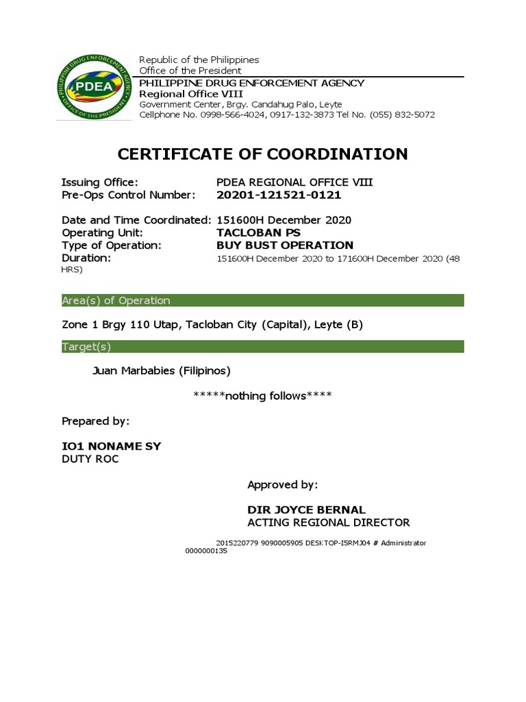 Certificate of Coordination: Area(s) of Operation | PDF | Law ...