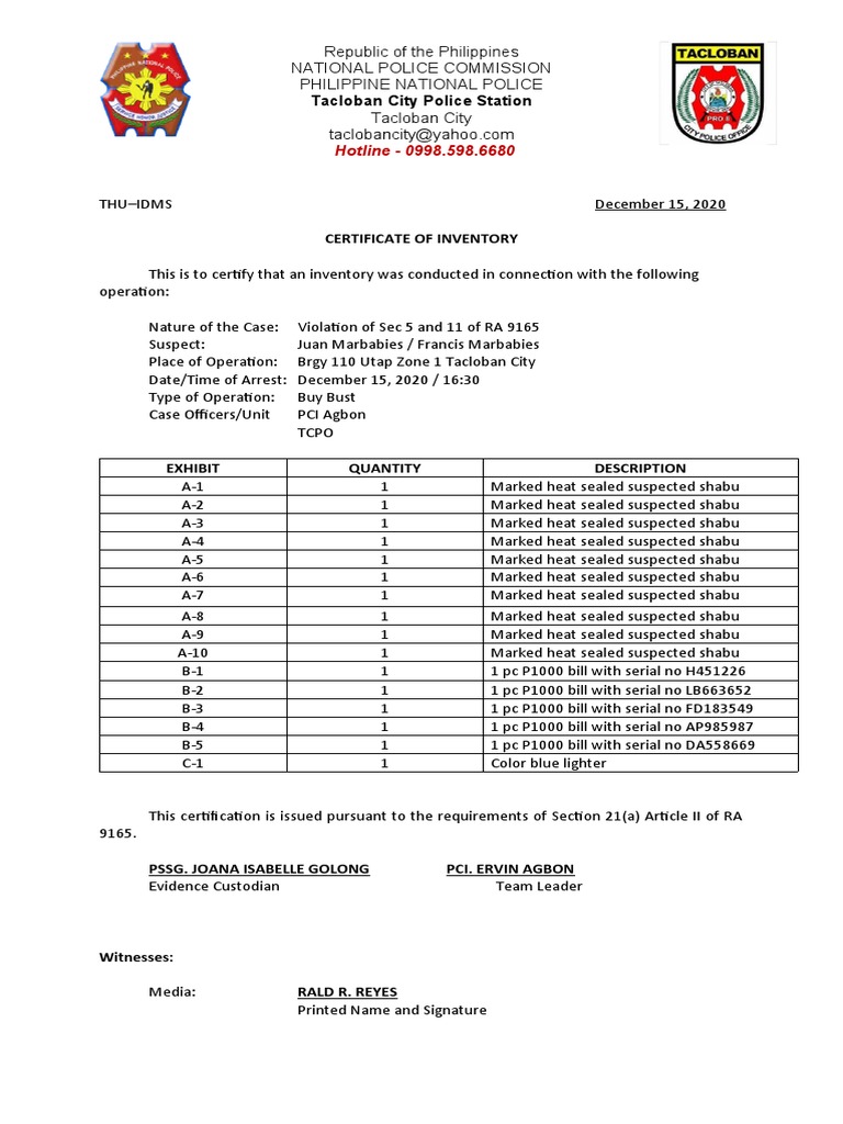 Certificate of Inventory Tacloban City | PDF