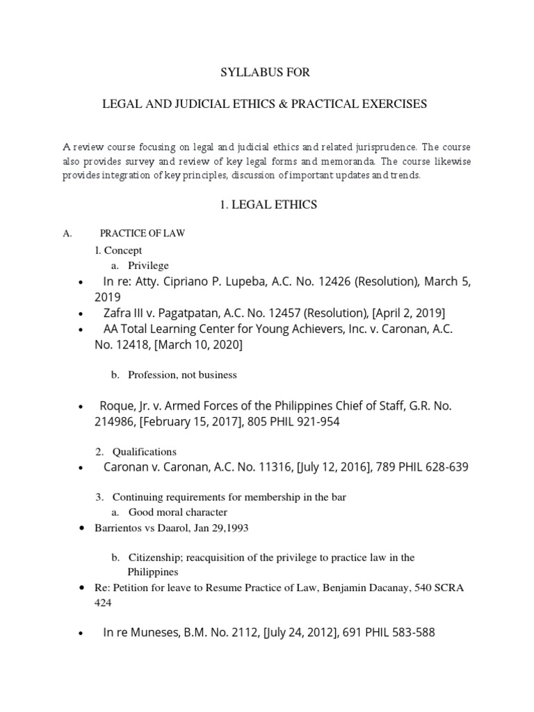 Legal & Judicial Ethics & Practical Exercises Syllabus | PDF | Practice Of Law | Lawyer