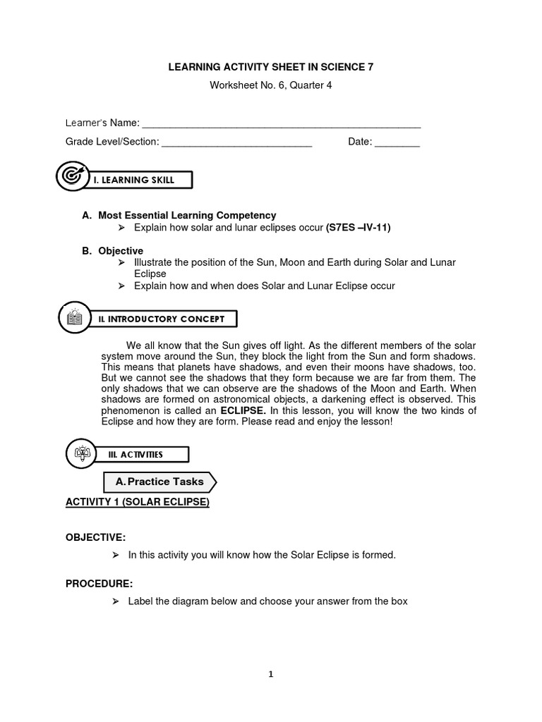 Learning Activity Sheet in Science 7: A. Practice Tasks | PDF | Eclipse ...