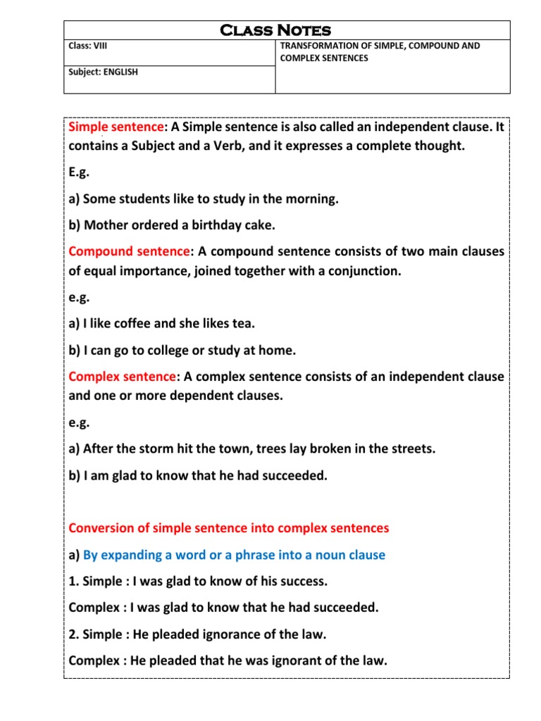 Class Notes: Simple Sentence | PDF | Clause | Sentence (Linguistics)
